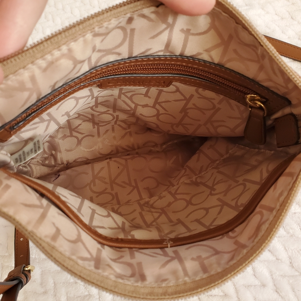 Calvin Klein Tan Monogrammed Crossbody Handbag - Gem